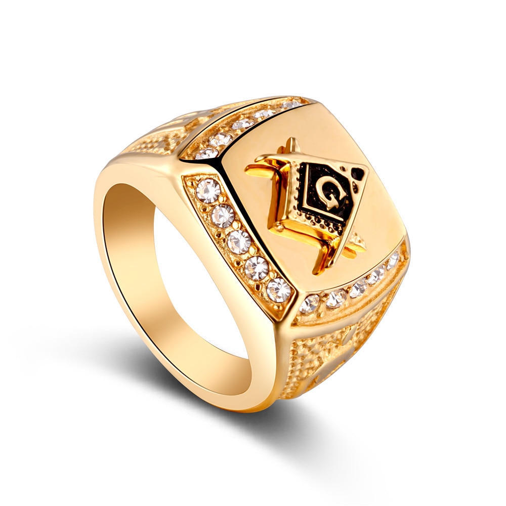 Gold Stainless Steel Men's Crystal Masonic Ring Me... – Grandado