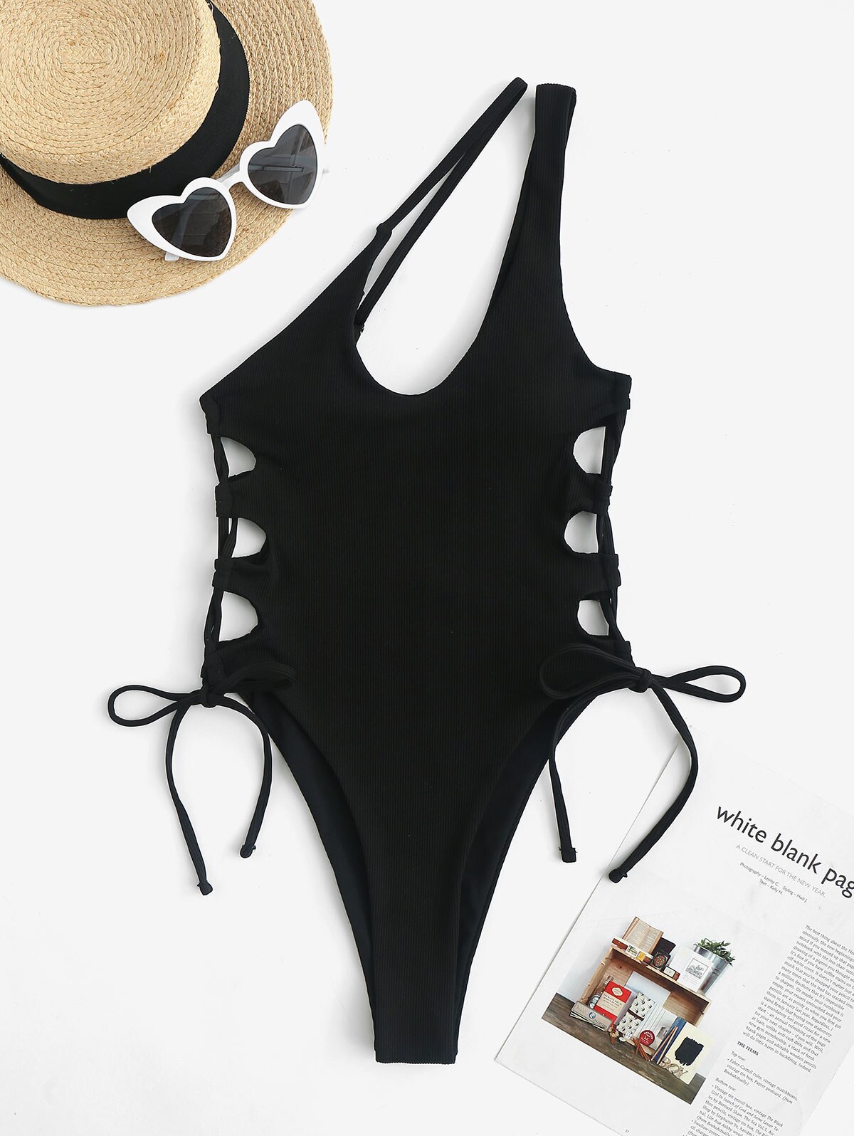 Zaful Ribbed One Shoulder Lace Up High Leg One-Pie... – Grandado