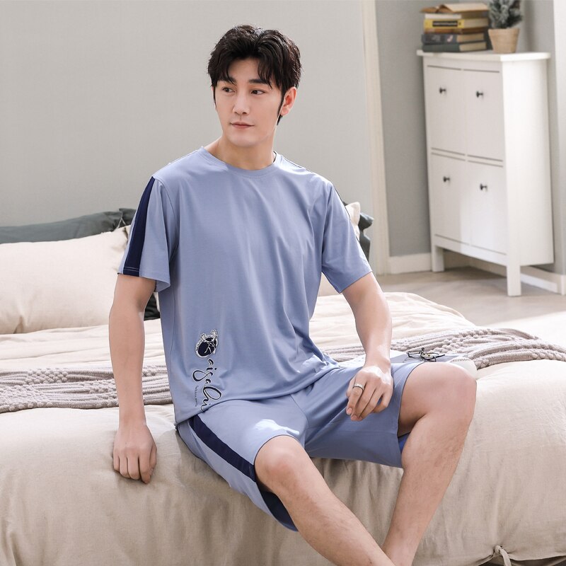 Summer Modal Men Pajamas Set Short Sleeve Round Ne... – Grandado