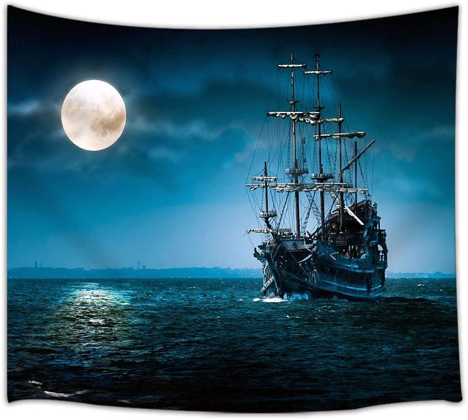 Gothic Decor Tapestry Pirate Ship and Full Moon wi... – Vicedeal