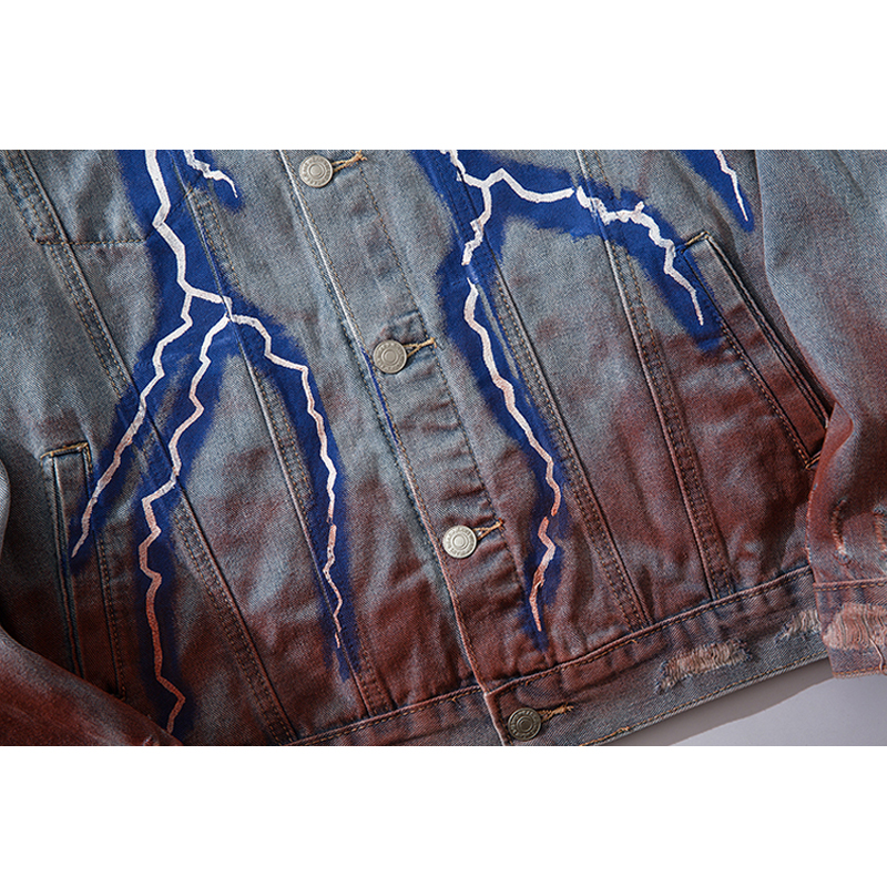 Mens Hip Hop Lightning Denim Jackets Graffiti Ripp... – Grandado