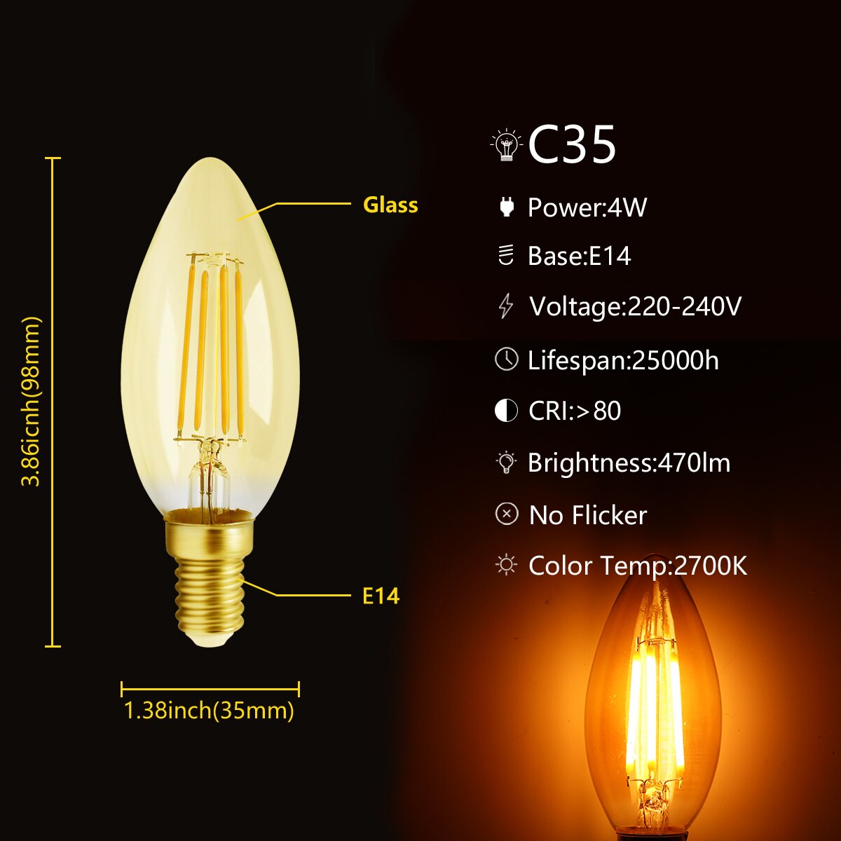 LED Filament Bulb C35 4W Retro Edison Bulb E14 B22... – Grandado