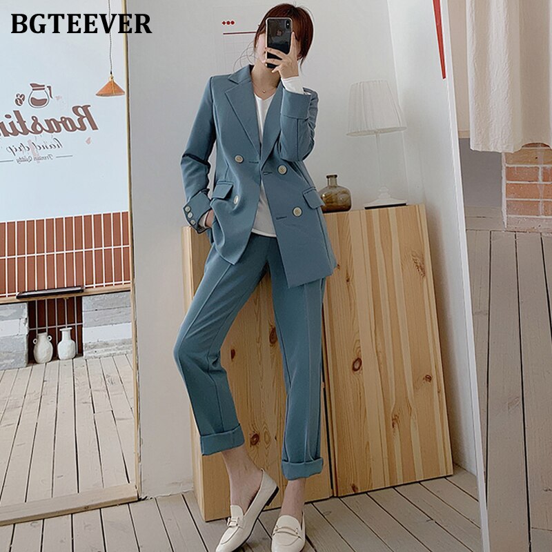 BGTEEVER Chic Blue Vrouwen Broek Pak Double-Breast... – Vicedeal