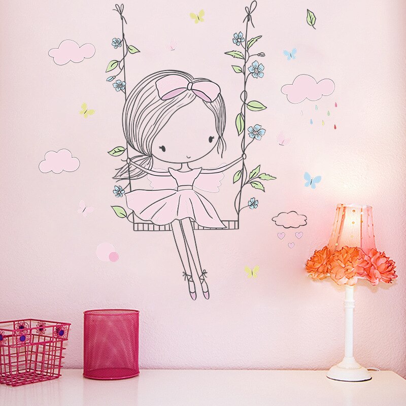 Little Girl Swinging Wall Stickers Cartoon Cute Ki... – Grandado