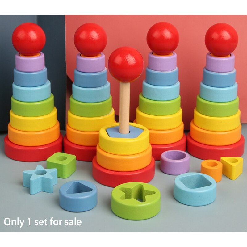 Wooden Rainbow Tower Toys Geometric Stacking Cup C... – Vicedeal