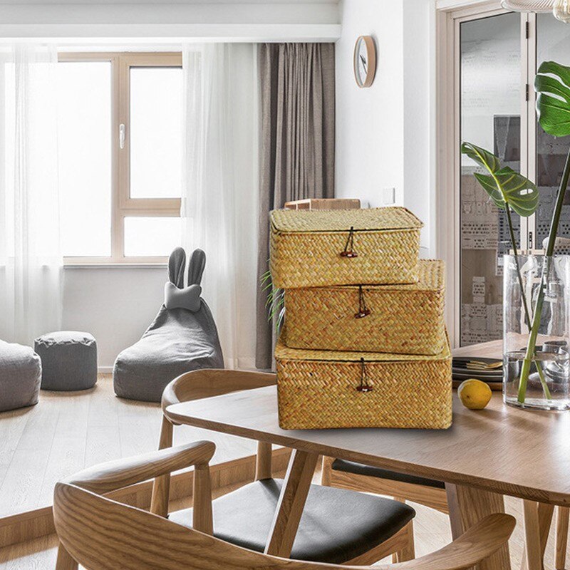 Handmade Straw Woven Storage Basket with Lid Makeu... – Grandado