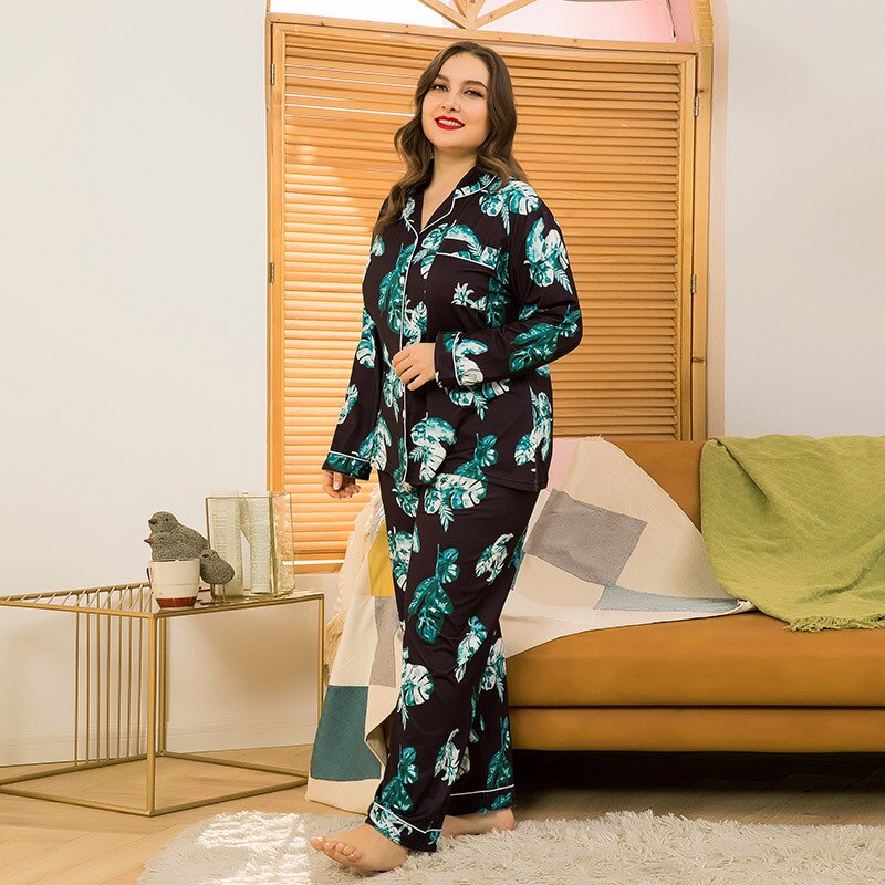 autumn winter plus size pajamas for women black fl... – Grandado