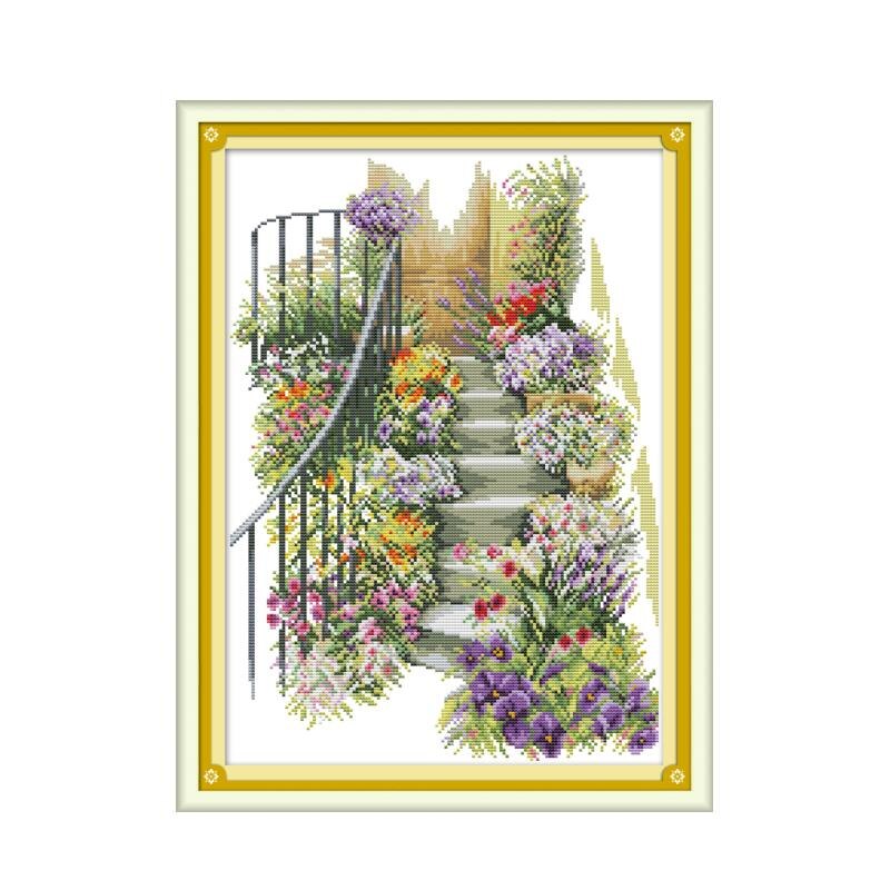Kit de punto de cruz de escalera de flores, lienzo... – Grandado