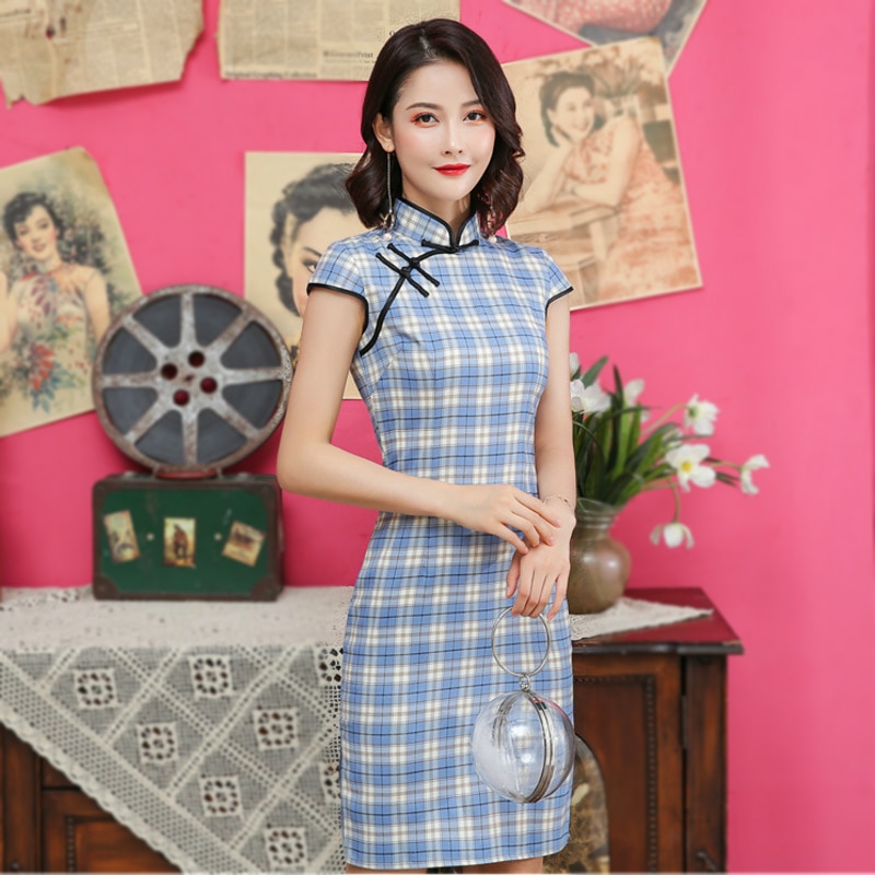 Sheng Coco Blue Plaid Cotton Cheongsam Dress Woman... – Grandado