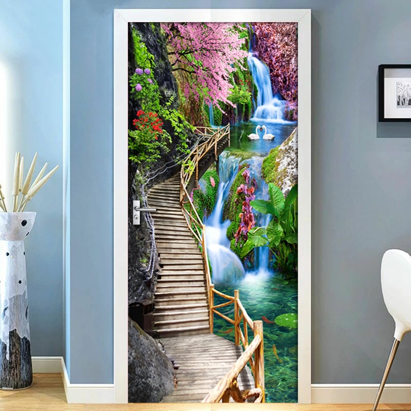 Modern Bridge Waterfall Scenery 3D Door Stickers M... – Grandado