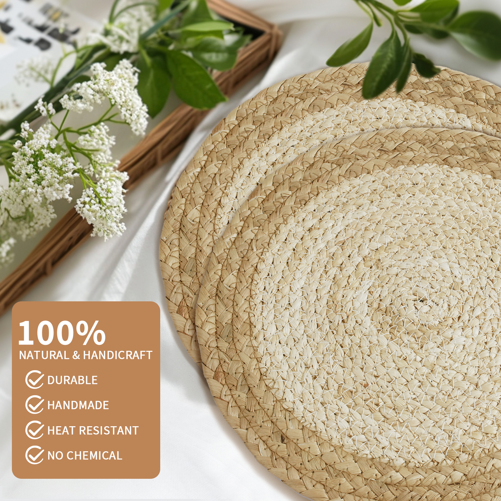 Set of 6 Round Woven Placemats 30CM Natural Water ... – Grandado