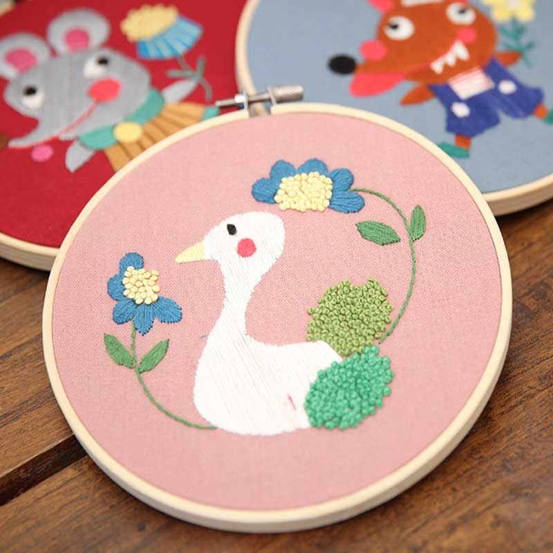 Cartoon Animal Embroidery Kit with Bamboo Hoop DIY... – Grandado