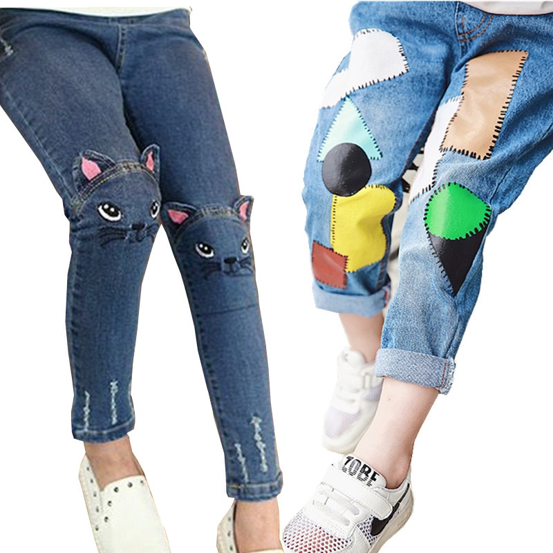 Girl Jeans Cartoon Cat Jeans Print Blue Skinny Jea... – Grandado