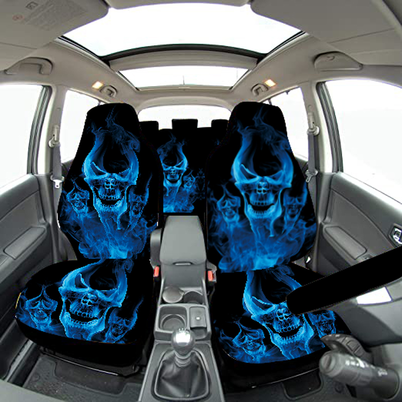 Blue Skull Print car seat cover + rear seat back c... – Grandado