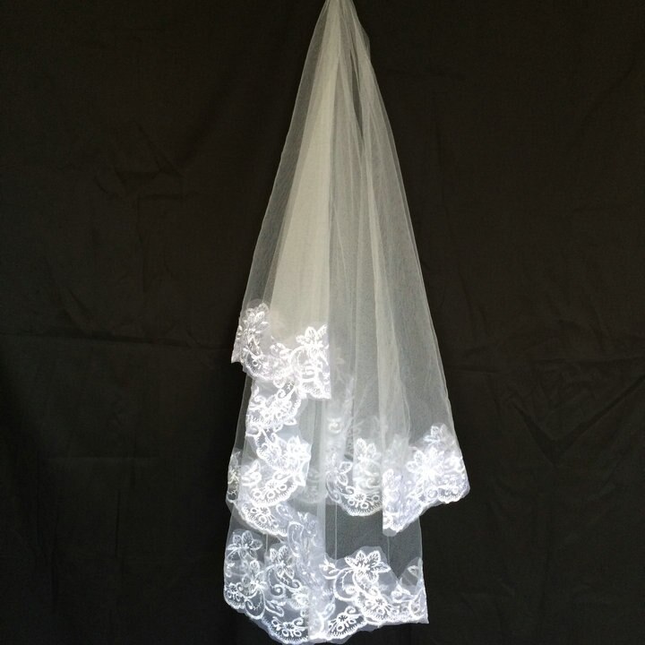 White Ivory Short Bridal Veil Tulle Applique Edge ... – Grandado