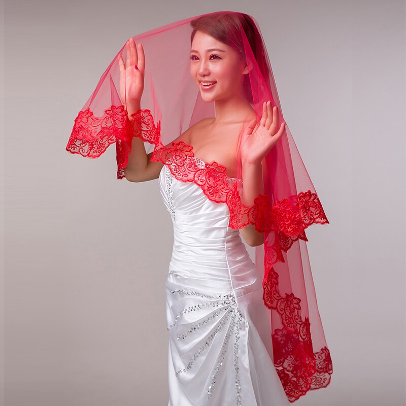 Bröllop slöjor 1.5/3/5m spets kant röd brud tillbe... – Grandado