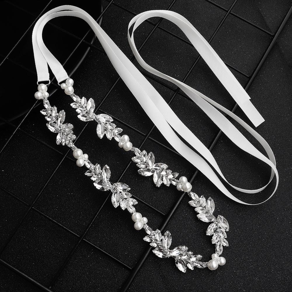 Silver Thin Pearl Rhinestone Belt Sash Applique Ch... – Grandado