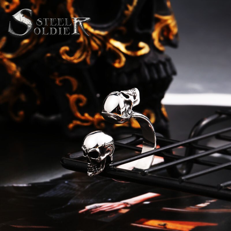 steel soldier double skull ring adjustable women m... – Grandado