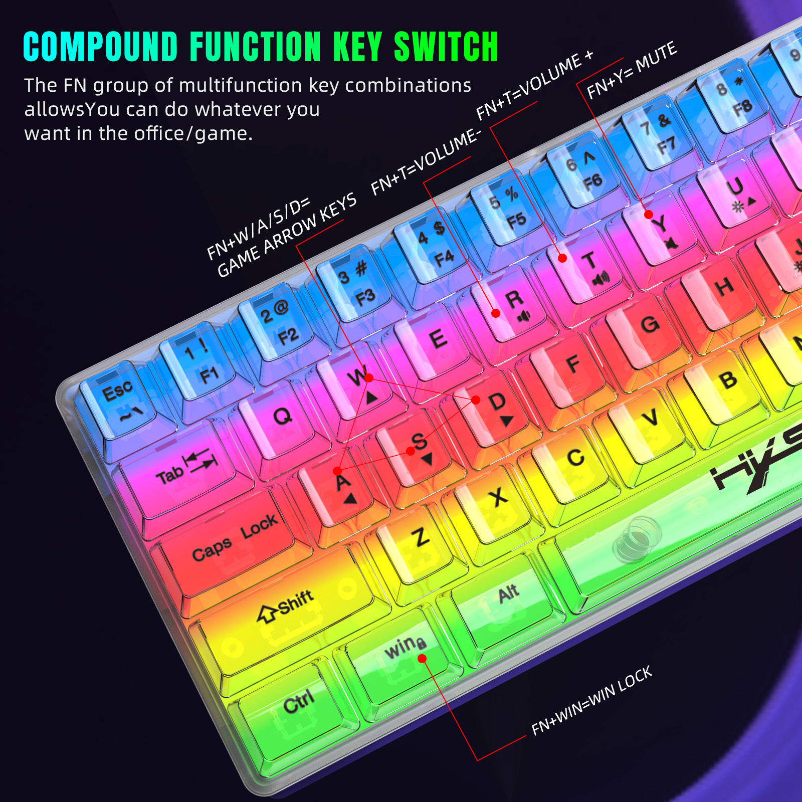 HXSJ 60% Wired Transparent Gaming Keyboard, RGB Ba... – Grandado