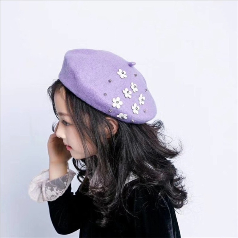 Pearl Flower Children Beret Hat Girls Wool Hat War... – Grandado