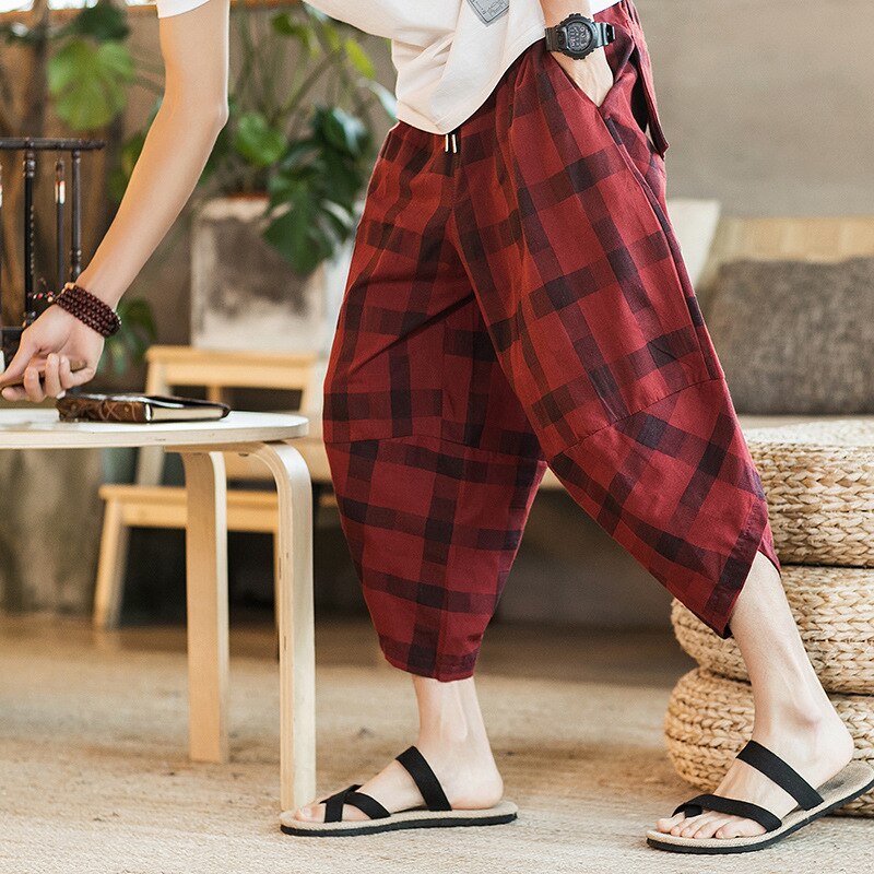 Men's Linen Capris national style retro check Capr... – Grandado