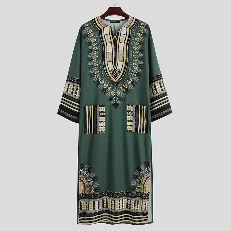 Muslim Men Printing Robes Long Sleeve Pockets Vint... – Grandado