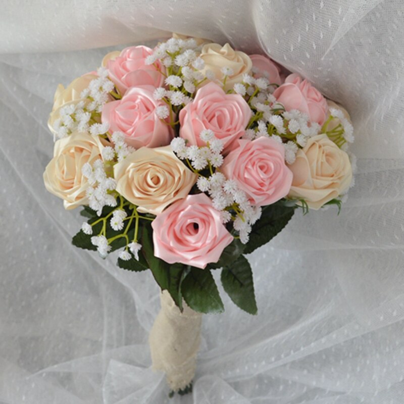 bridal bouquet Handmade Satin rose flowers pink ch... – Grandado