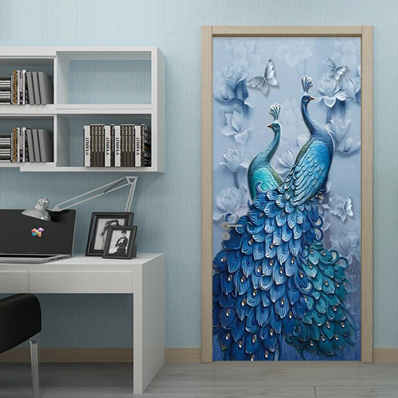 European Style Door Sticker 3D Relief Blue Peacock... – Grandado