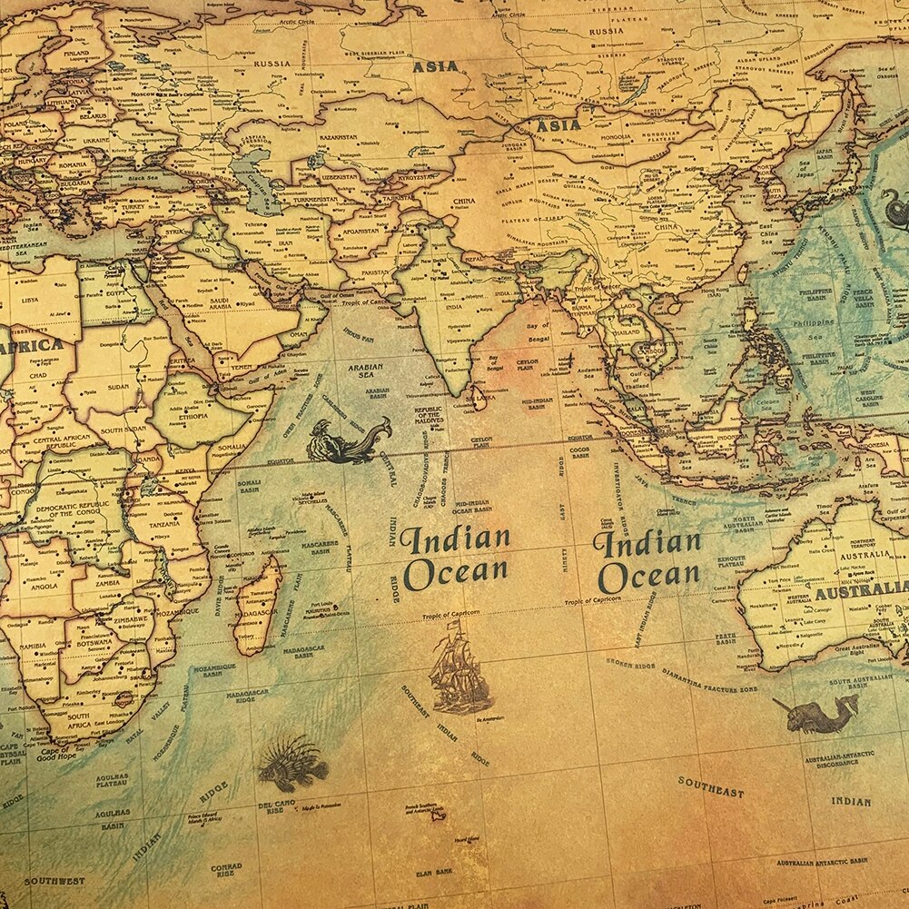 Retro World Map Nautical Ocean Route Map HD Printi... – Grandado