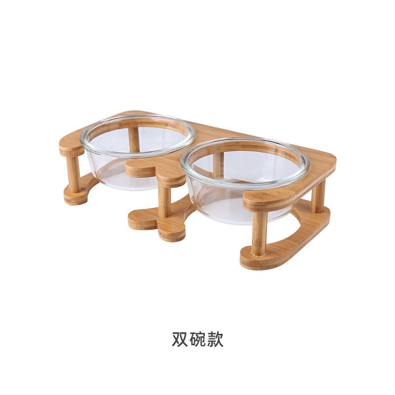 Double bow Cat Raised Glass Bowl Pet Elevated Wood... – Grandado