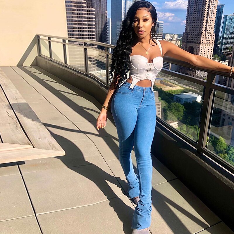 High Waist Blue Jeans Stacked Pants Women Long Tro... – Grandado