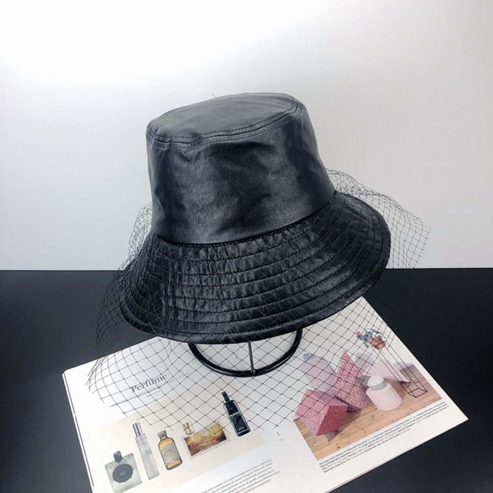 Leather Bucket Hat Women Black Hat with veil Wide ... – Grandado