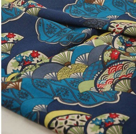 cotton linen Japanese style blue fan flower fabric... – Grandado