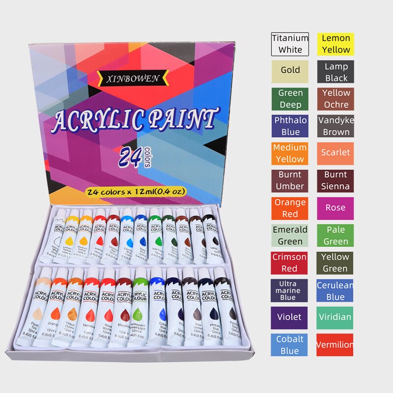 24 Color 12ml Tube Waterproof Acrylic Paint Set fo... – Vicedeal