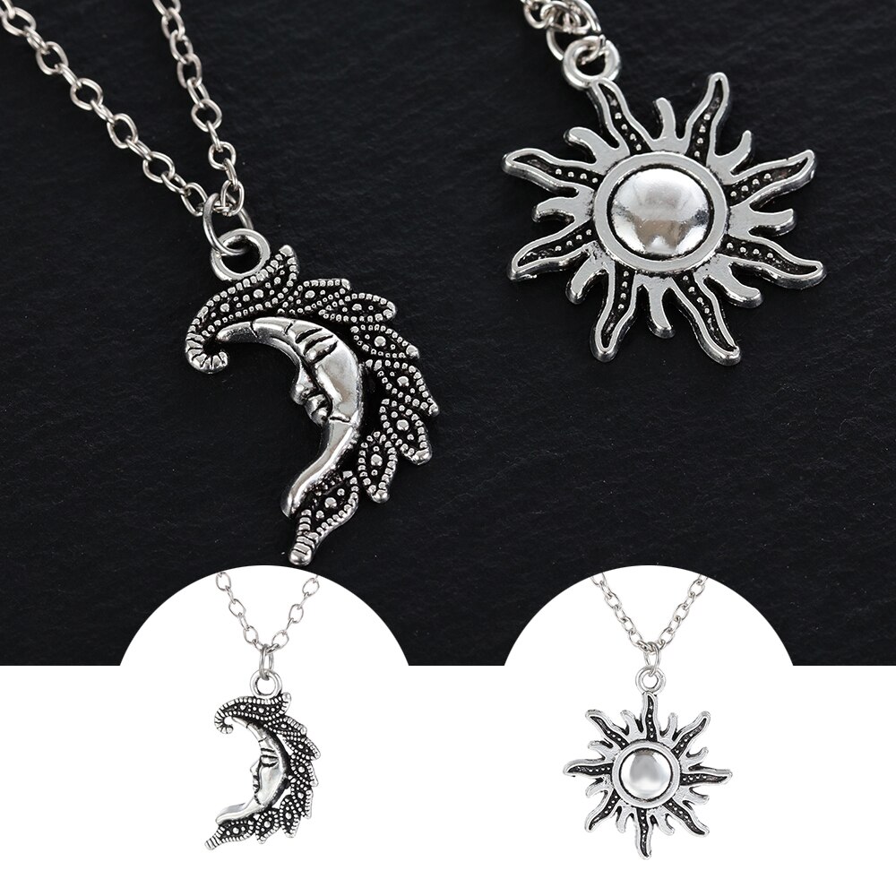 Silver Sun And Moon Chain Necklaces Couple Of Heav... – Grandado