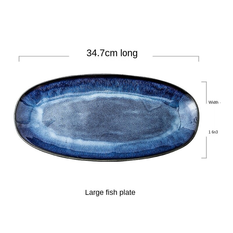 Japanese style kiln cat eye blue fish plate househ... – Grandado