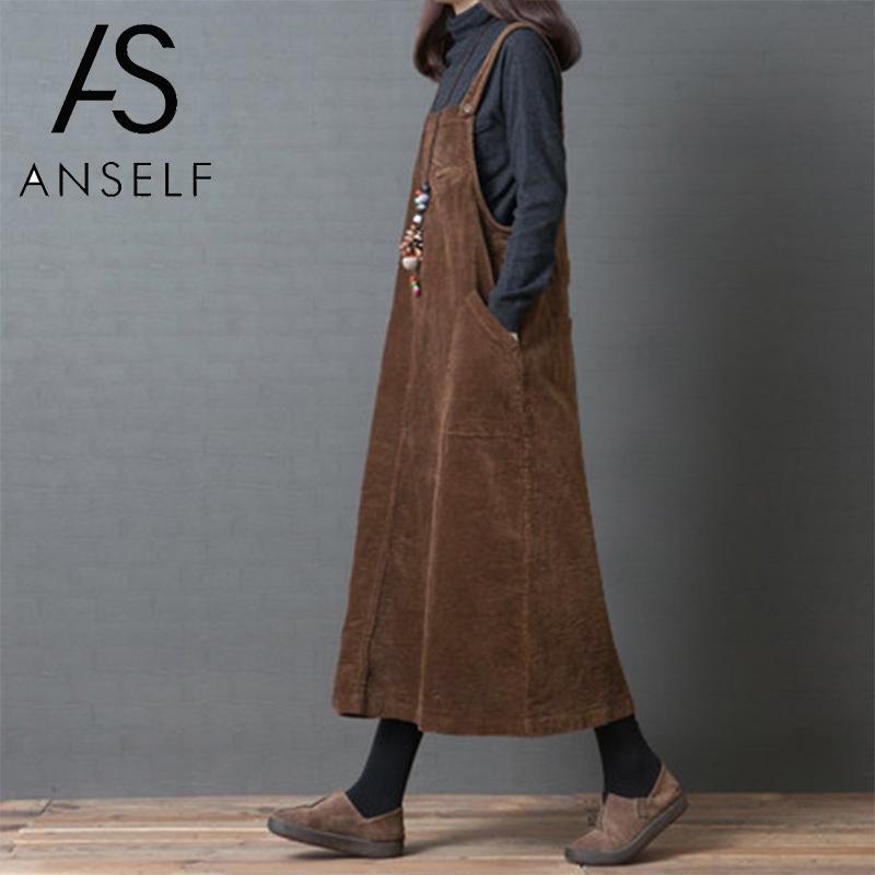 ANSELF Corduroy Vintage Dress Pocket Casual Strap ... – Grandado