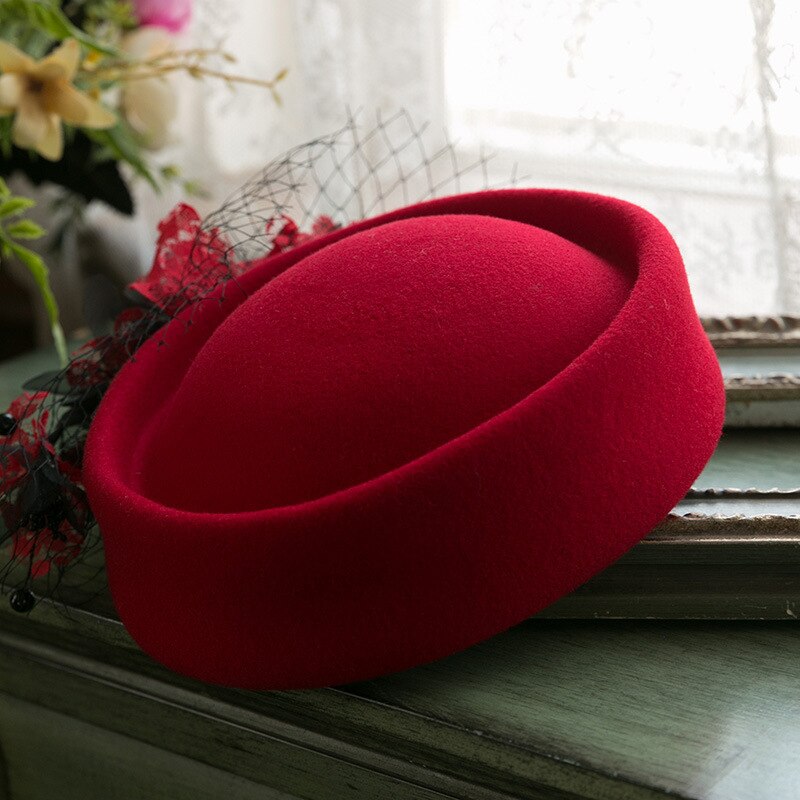 Vintage Red Pure Wool Fedora Cap Women Mesh Flower... – Grandado