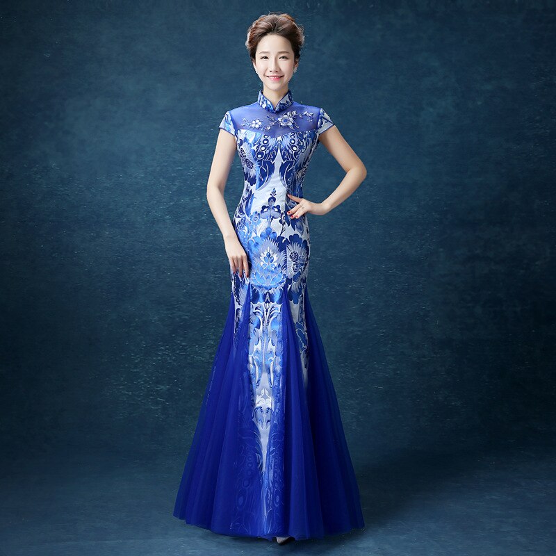 Blue Cheongsam Women Long Slim Evening Dress Show ... – Grandado