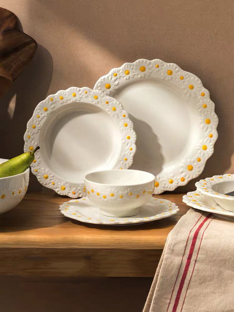 Ceramic Embossed Daisy Dinner Set Plate And Dishes... – Vicedeal
