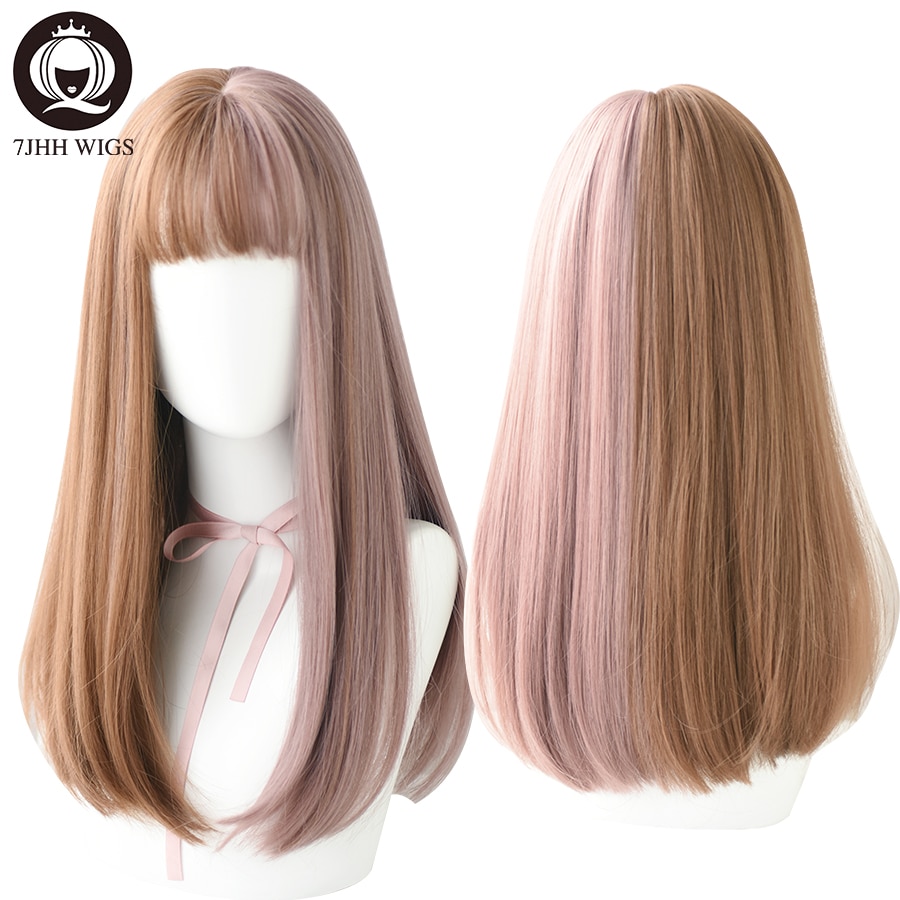 7JHH Long Remy Wig With Bangs Ombre Black Brown Sy... – Grandado