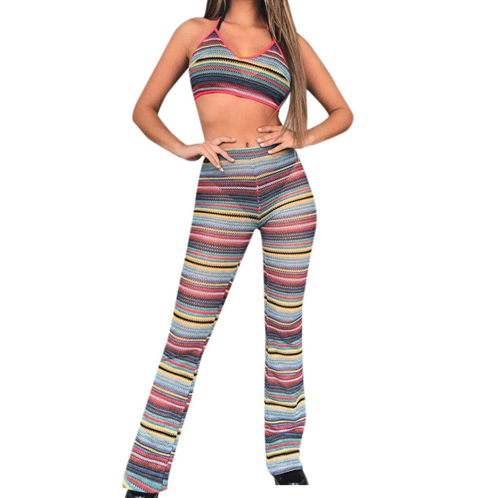 Women Summer Tracksuit Striped Rainbow Printed Two... – Grandado
