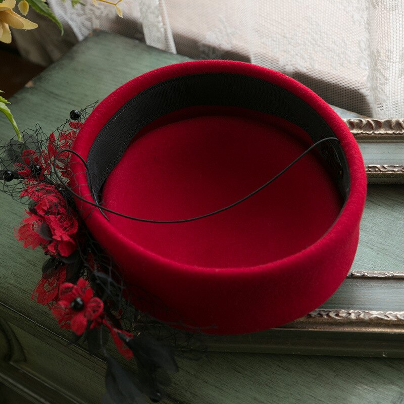 Vintage Red Pure Wool Fedora Cap Women Mesh Flower... – Grandado