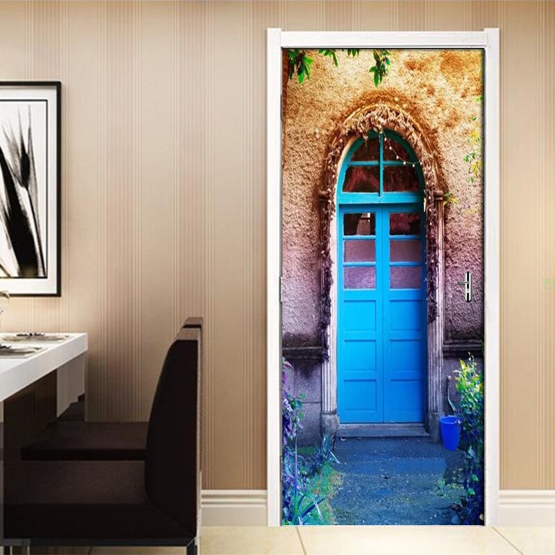 2pcs/set Retro Blue Door DIY Door Stickers 3D Mura... – Grandado
