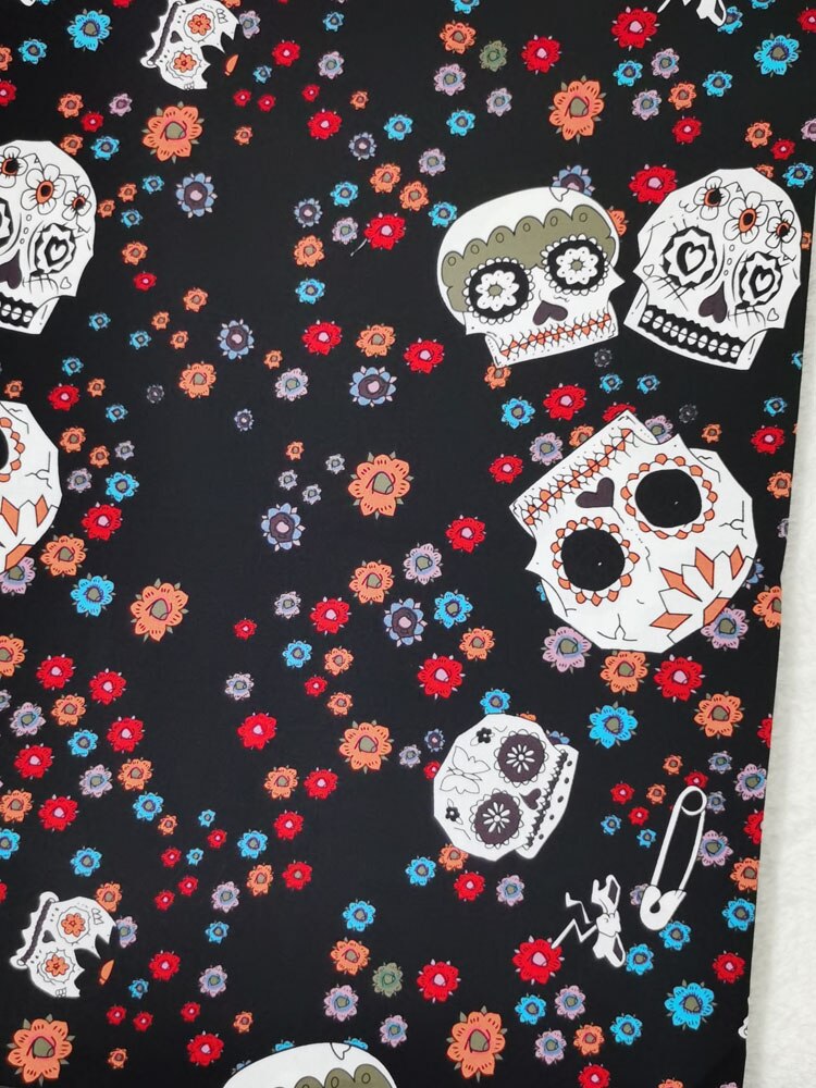 Novelty Flower Skull Cotton Fabric Twill Spandex E... – Grandado