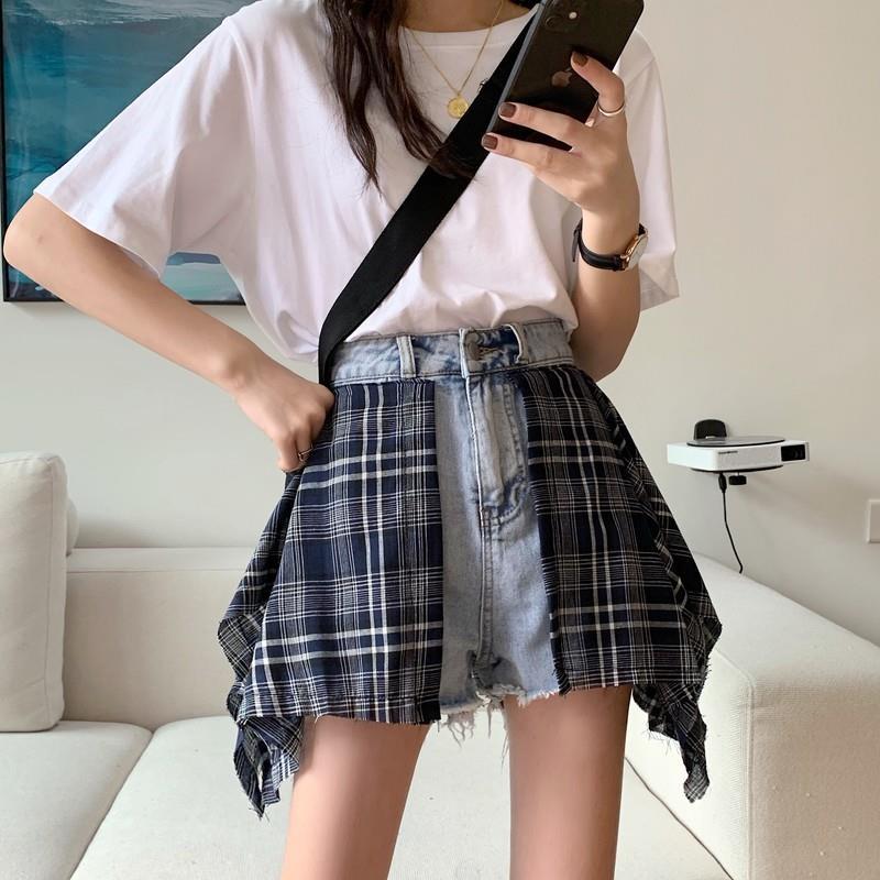 Shorts kvinder denim patchwork plaid uregelmæssig ... – Vicedeal