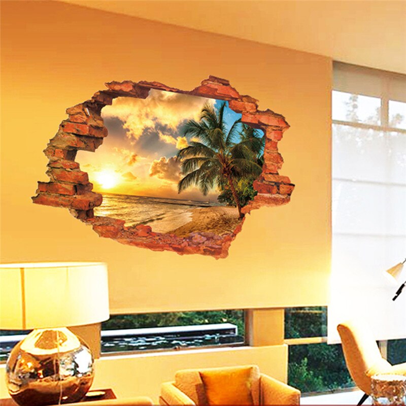 Sunshine Beach Sea Sun Tree 3d window hole view vi... – Grandado