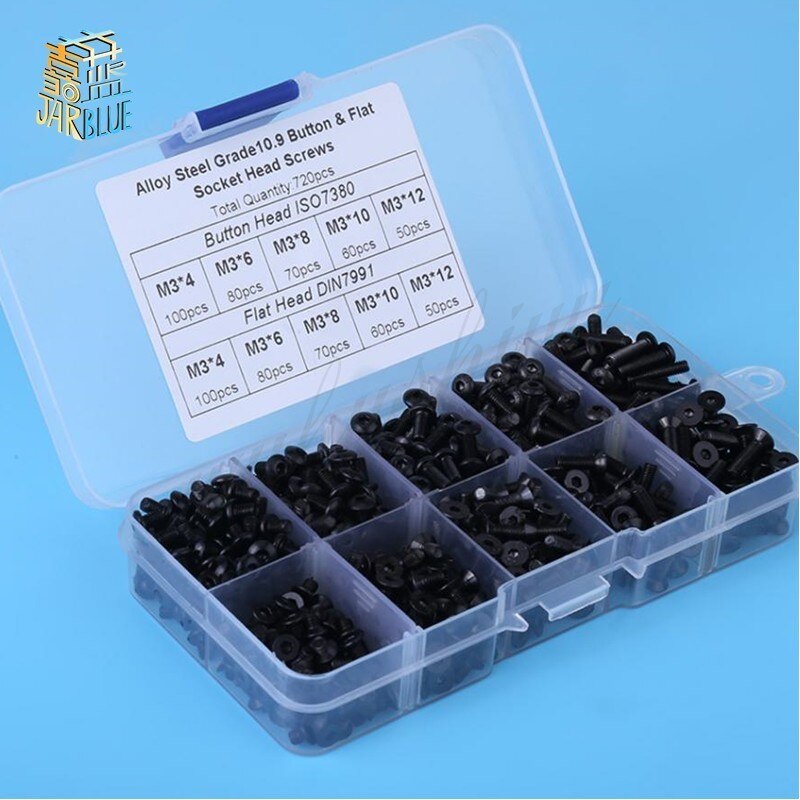 720pcs/set M3 Alloy Steel Hex Socket Flat Head Screws Bolts Assortment ...