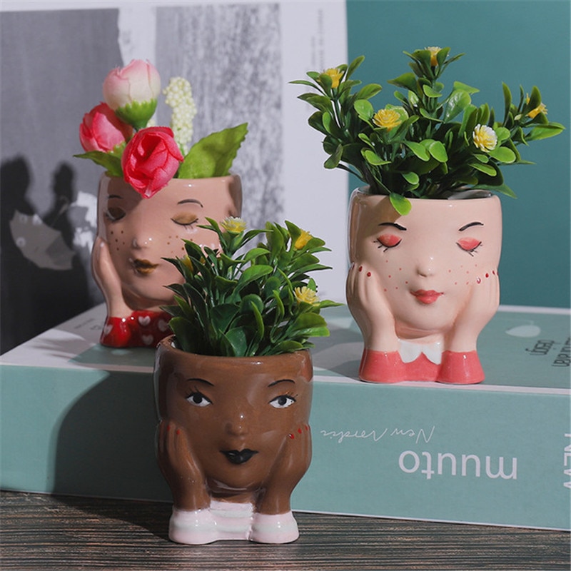 Human Face Ceramic Flower Pot Cute Face Vase Sculp... – Grandado