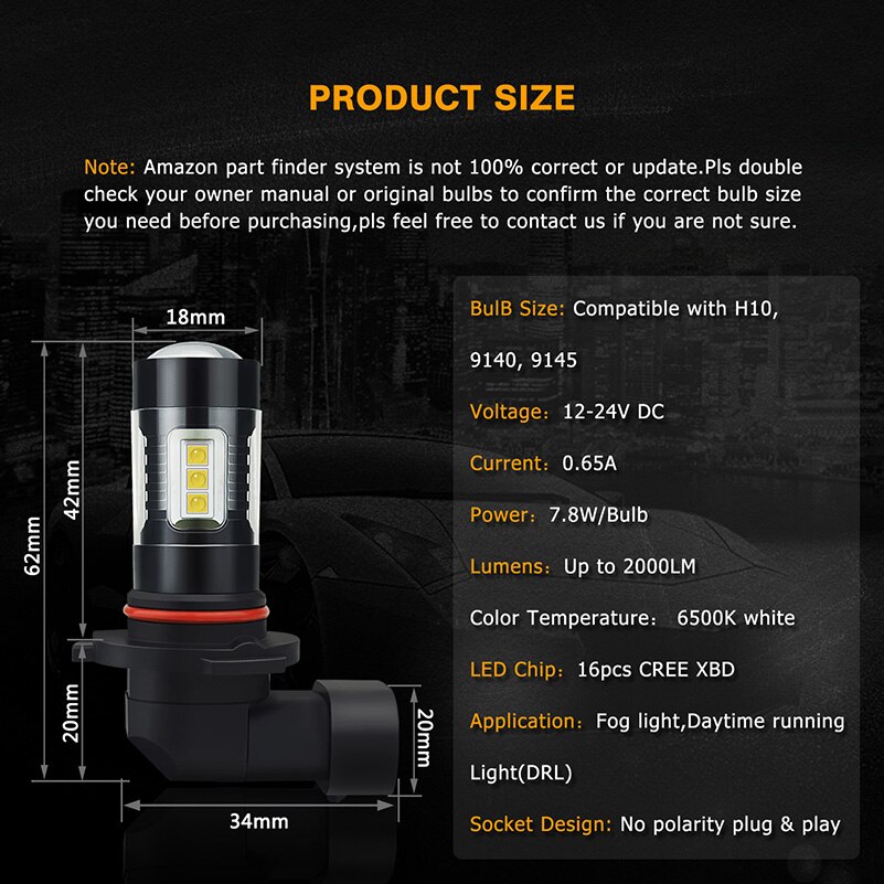 2 stk 9145 h10 led tågelygter 9140 1800lm 6500k hv... – Vicedeal